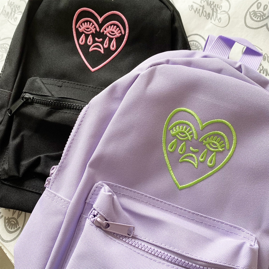 Crying Heart Mini Backpack Embroidered Black Pink Baby Blue Tattoo ...