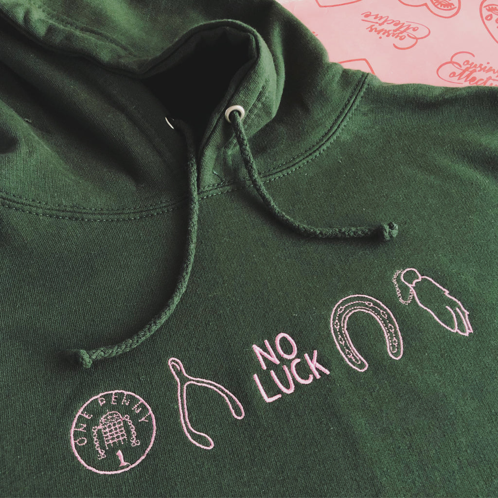 No Luck Tattoo Art Embroidered Hoodie Lucky Charm Green Pink Wishbone ...