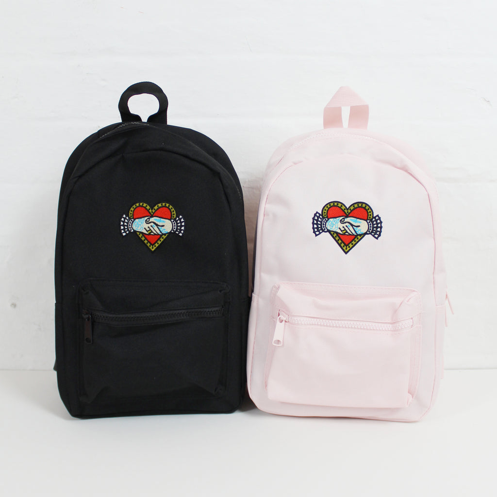 Shaking Hands Tattoo Mini Backpack Embroidered Black Pink Baby Blue ...